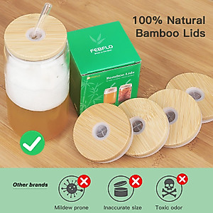 Febflo Bamboo Lids for Glass Cups with Straw Hole, 2.75inch/70mm Wooden Lids for 16OZ Beer Can Cups, Replacement for Regular Mouth 20 24 OZ Cups, 4 Pack
