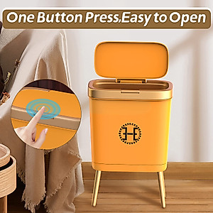 Bedroom Trash Can with Lid,Slim Bathroom Cans Lids, Dog Proof Press Top Lid,Modern Gold Plastic Waste Basket for Living Room, Office,Kitchen, 4 Gal-Orange