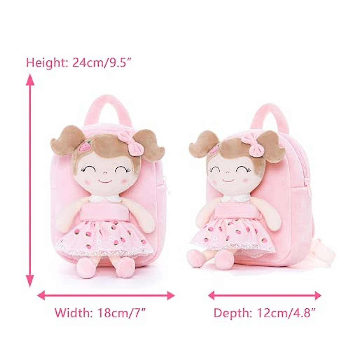 Gloveleya Kids Backpack for Girls backpacks Plush bag with Soft doll for Toddler baby Strawberry 9 Inches