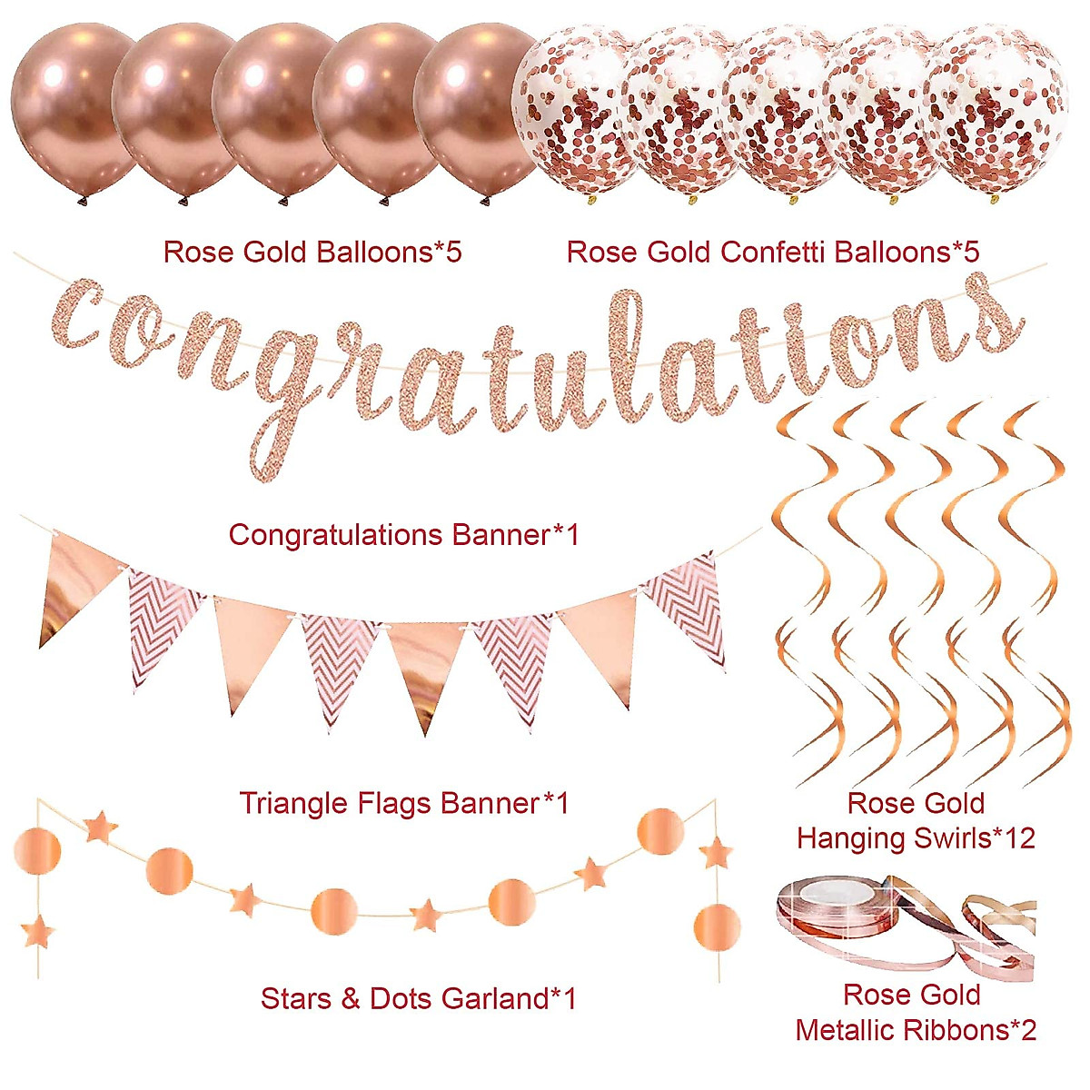 Rose Gold Congratulations Decorations Set Congratulations Banner,Pennant,Star Circle Dots Garland,Hanging Swirls.Baby Shower,Graduation,Retirement,Wedding,Birthday,Anniversary Party