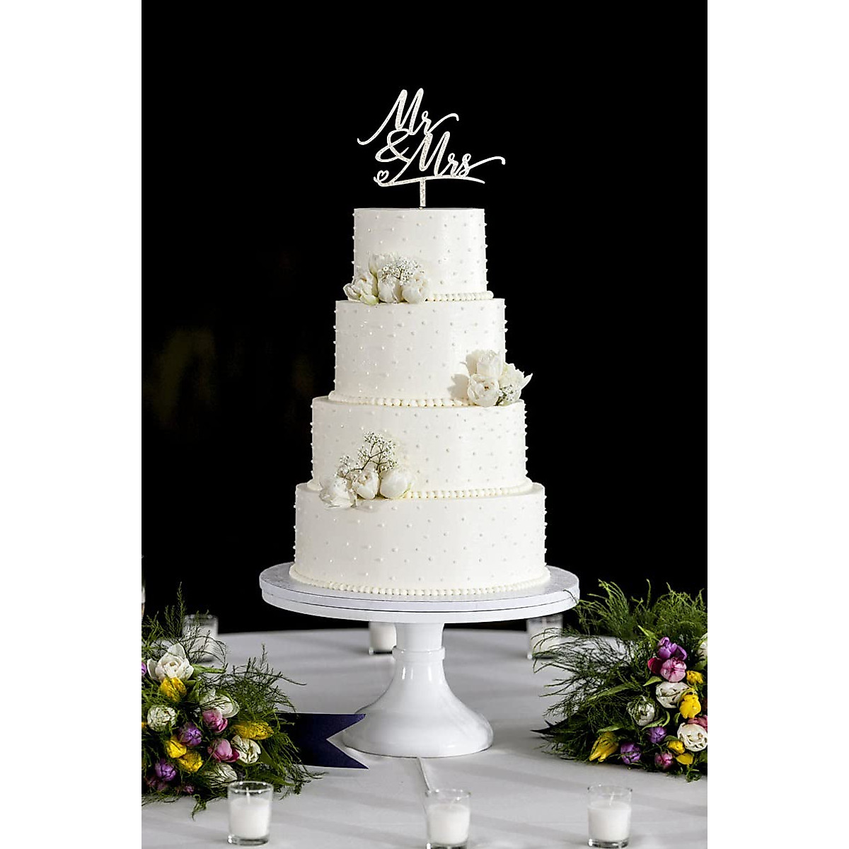 Mr & Mrs Cake Topper, Silver Glitter Wedding - Anniversary - Bridal Shower Cake Decor, Rustic Chic Bride and Groom Cake Topper