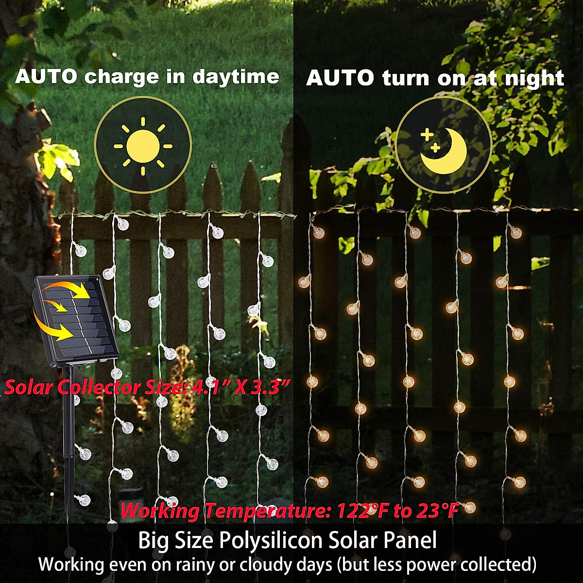 MANBOO LED Curtain Crystal Lights 6.6ft X 5ft 150 Crystal Balls Warm White, Solar Panel with Indicator, Waterproof Outdoor Icicle String Lights for Xmas Patio Garden Party Lawn Balcony Fence Decor