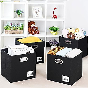 RVSNQ 13x13x13 Storage Cube Bins (Set of 4), Fabric Cubes Storage Bin with Metal Handles and Label, Collapsible Cube Storage Organizer Bins for Home, Office, Closet, Shelves, Nursery（Black）