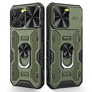 Caka for iPhone 14 Pro Case, iPhone 14 Pro Phone Case with Camera Cover & Kickstand, Built-in 360°Rotate Ring Stand Magnetic Magnet Protective Case for iPhone 14 Pro -Green
