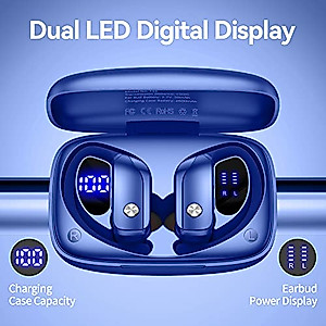 bmani Wireless Earbuds Bluetooth Headphones 48hrs Play Back Sport Earphones with LED Display Over-Ear Buds with Earhooks Built-in Mic Headset for Workout Blue