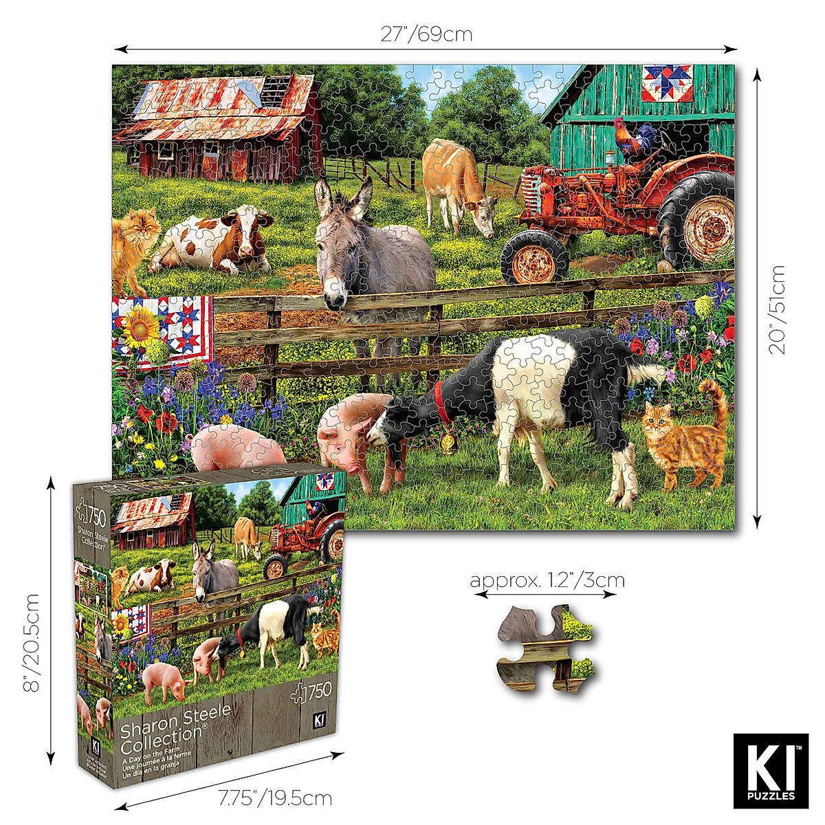 750 Piece Puzzle for Adults Sharon Steele A Day On The Farm Whimsical Country Farm Jigsaw Puzzle from KI Puzzles