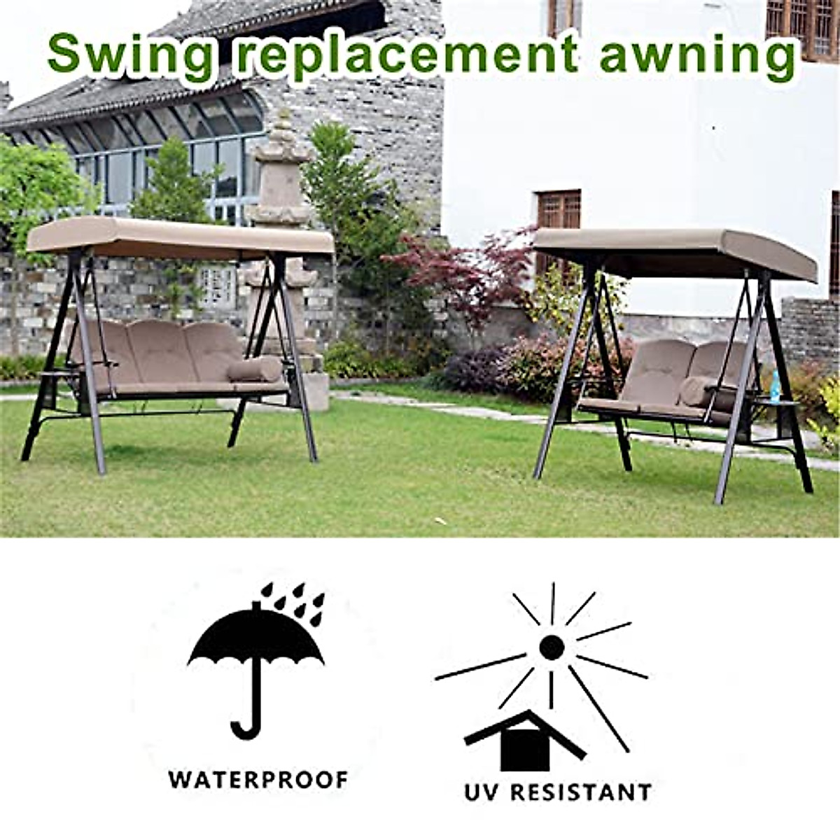 Outdoor Patio Swing Canopy Replacement Top Cover,191x120x18cm/75x47x7'' Swing Canopy Cover Waterproof Replacement Canopy Top for Patio Yard Porch Swing Cover 3 Seater,HADMB,Beige