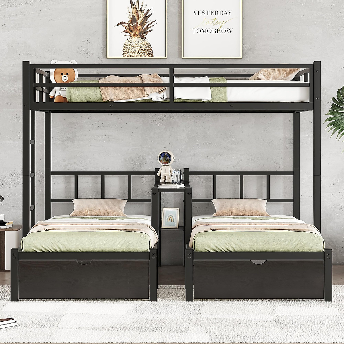 Full XL Over Twin Over Twin Bunk Bed for 3 Kids, Heavy Duty Triple Bunk Bed with Storage Drawers, Shelf, Guardrails and Ladder, Full XL Over Twin Over Twin Triple Bunk for Kids, Teens, Black
