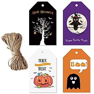 Halloween Tags, Trick or Treat Craft Label Gift Tags with String, 40 Pcs Candy Lollipop Baking Cookie Goodie Gift Bag Wrap Art Hanging Cards for Happy Halloween Party Favor Supplies Decorations