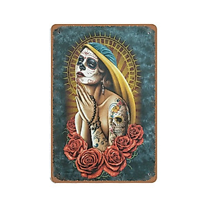 WZVZGZ Vintage Wall Poster Metal Plaque Mexican Day of The Dead Themed Tattoo Lady Festival Art Metal Sign Home Decor Wall Art Decoration for Garage Bar Restaurant Kitchen Cafe Pub 8x12 Inch