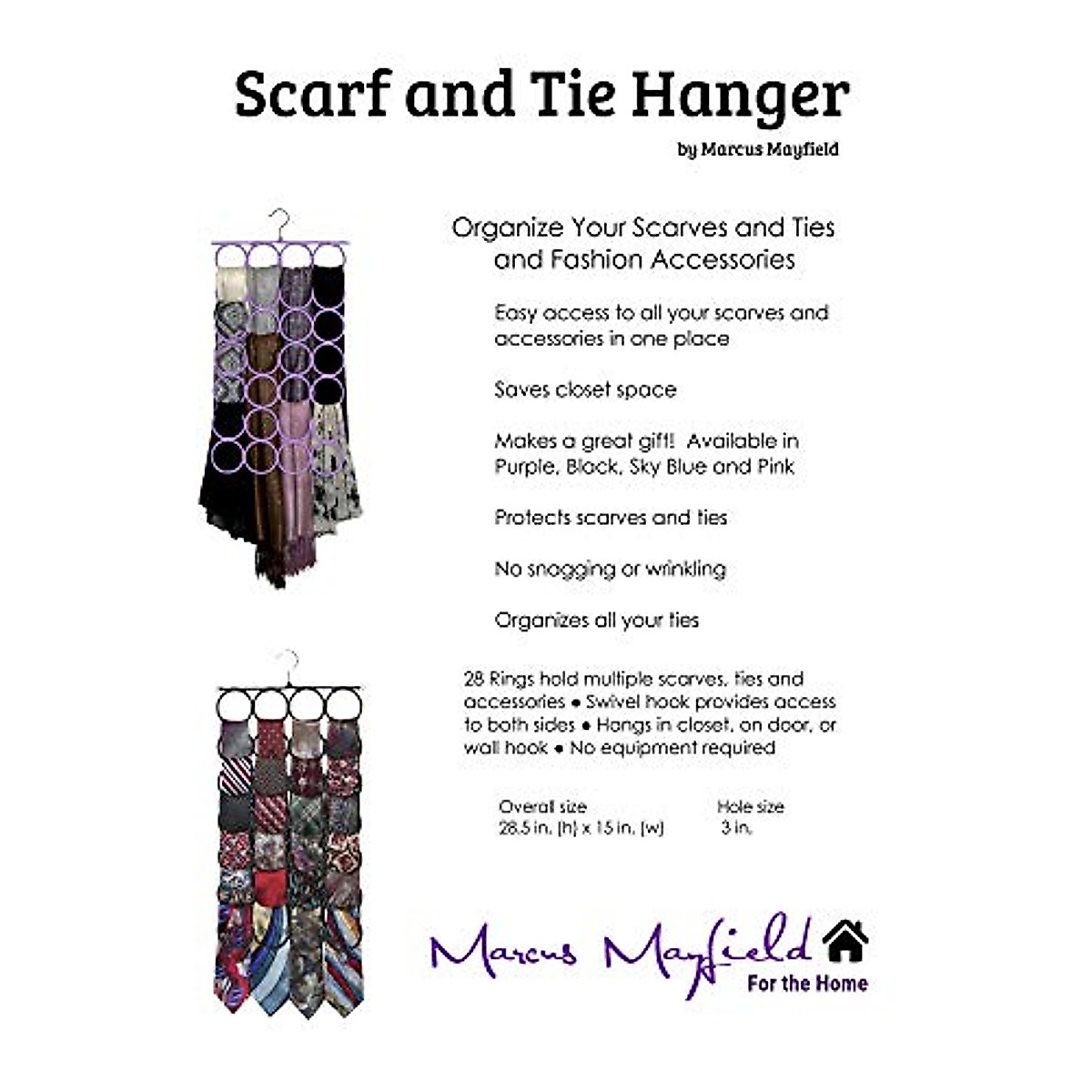Marcus Mayfield Scarf Hanger & Closet Organizer, The No Snags Best Space Saving Scarf & Tie Hanger & Holder for Scarves, Pashminas & Infinity Scarves | Stores Over 2 Dozen Accessories (1-Purple)