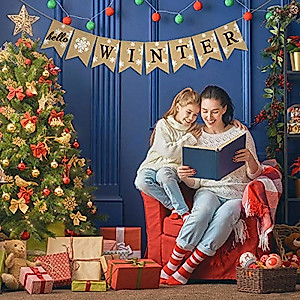 Jute Burlap Hello Winter Banner Snowflake Christmas Holiday Mantel Fireplace Bunting Garland Decoration