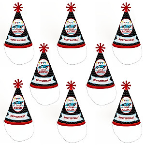 Let’s Go Racing - Racecar - Cone Race Car Happy Birthday Party Hats for Kids and Adults - Set of 8 (Standard Size)