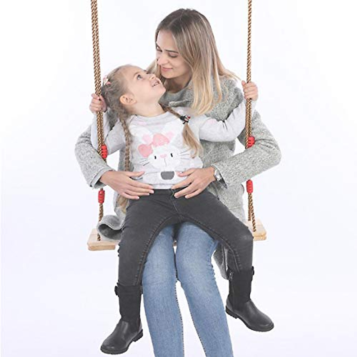 Indoor Outdoor Kids and Adult Wood Tree Swing Seat Chair 17.7 x 7.7' Length 83'' Adjustable Rope (M)