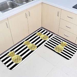 LooPoP Gold Pineapple Kitchen Mats for Floor Cushioned Anti Fatigue 2 Piece Set Kitchen Runner Rugs Non Skid Washable Black Striped 15.7x23.6+15.7x47.2
