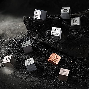 9 Pieces Element Cube Set 10mm Density Cubes Periodic Table Pure Metal Cube Zinc Copper Bismuth Chromium Aluminum Antimony Iron Carbon Titanium for Element Collections Material Hobbies