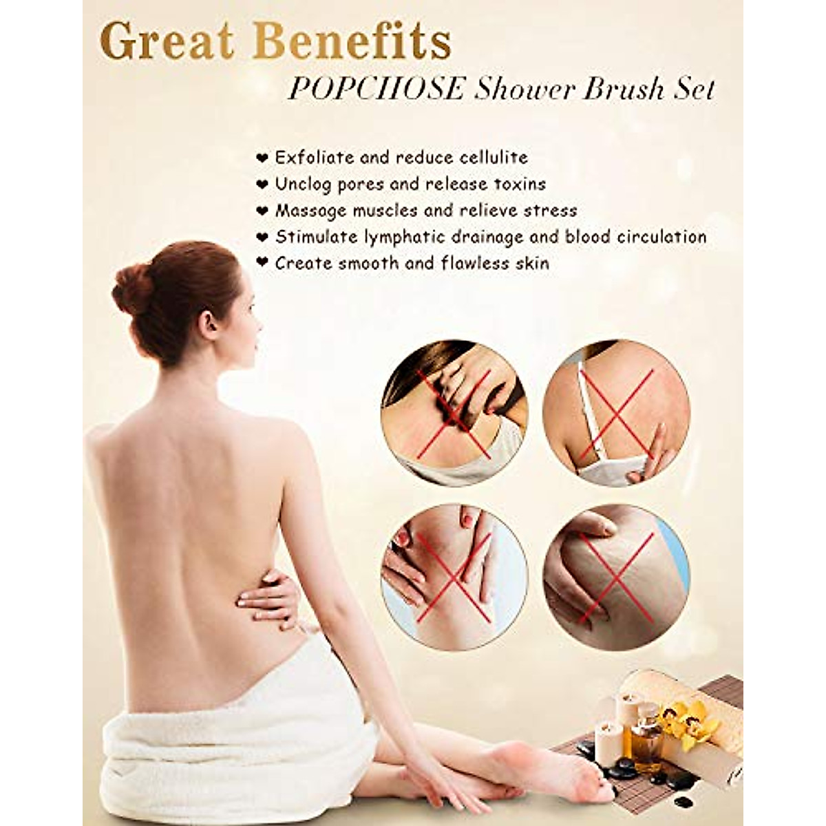 Dry Brushing Body Brush, POPCHOSE Dry Brush, Exfoliating Body Brush, Natural Bristle Shower Brush for Body Flawless Skin, Cellulite Treatment, Lymphatic Drainage, Blood Circulation Improvement