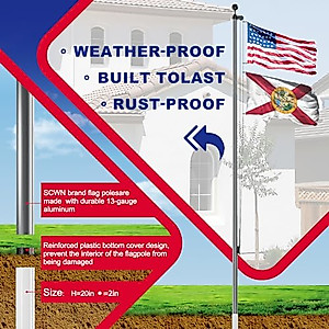SCWN Heavy Duty Flag Pole for House Ground-25FT 13 Gauge Extra Thick Aluminum Flagpole kit with 5x3 Nylon Embroidered Flag,for Outside Yard,Outdoor,Commercial or Residential-Space Grey