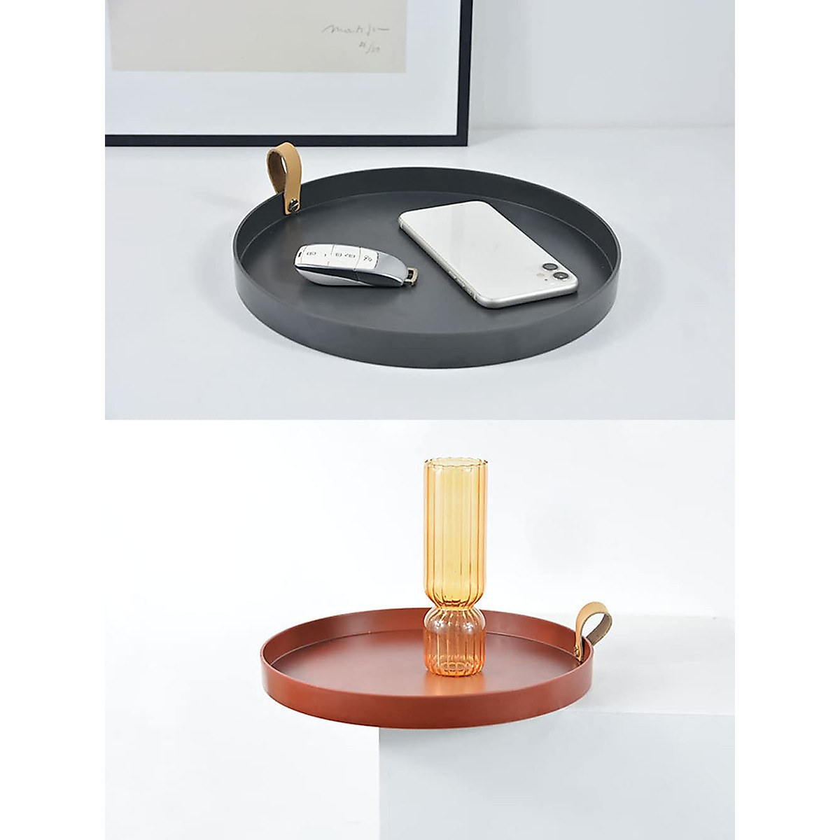 Vanity Glass Perfume Coffee Table Home White Small Decorative Serving with Handles Ottoman Round Black Candle Tray for Living Kitchen Counter Bar Room Plastic Circle Wine Bottle Lacquer Trays（Black）