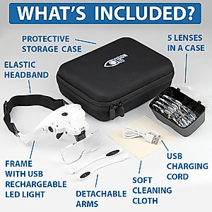 Vision Aid Magnifying Glasses with LED Light, 5 Lenses, Headband, Storage Case | Hands Free Lighted Head Mount Magnifier for Hobby Crafts Macular Degeneration Cross Stitch Diamond Painting Close Work