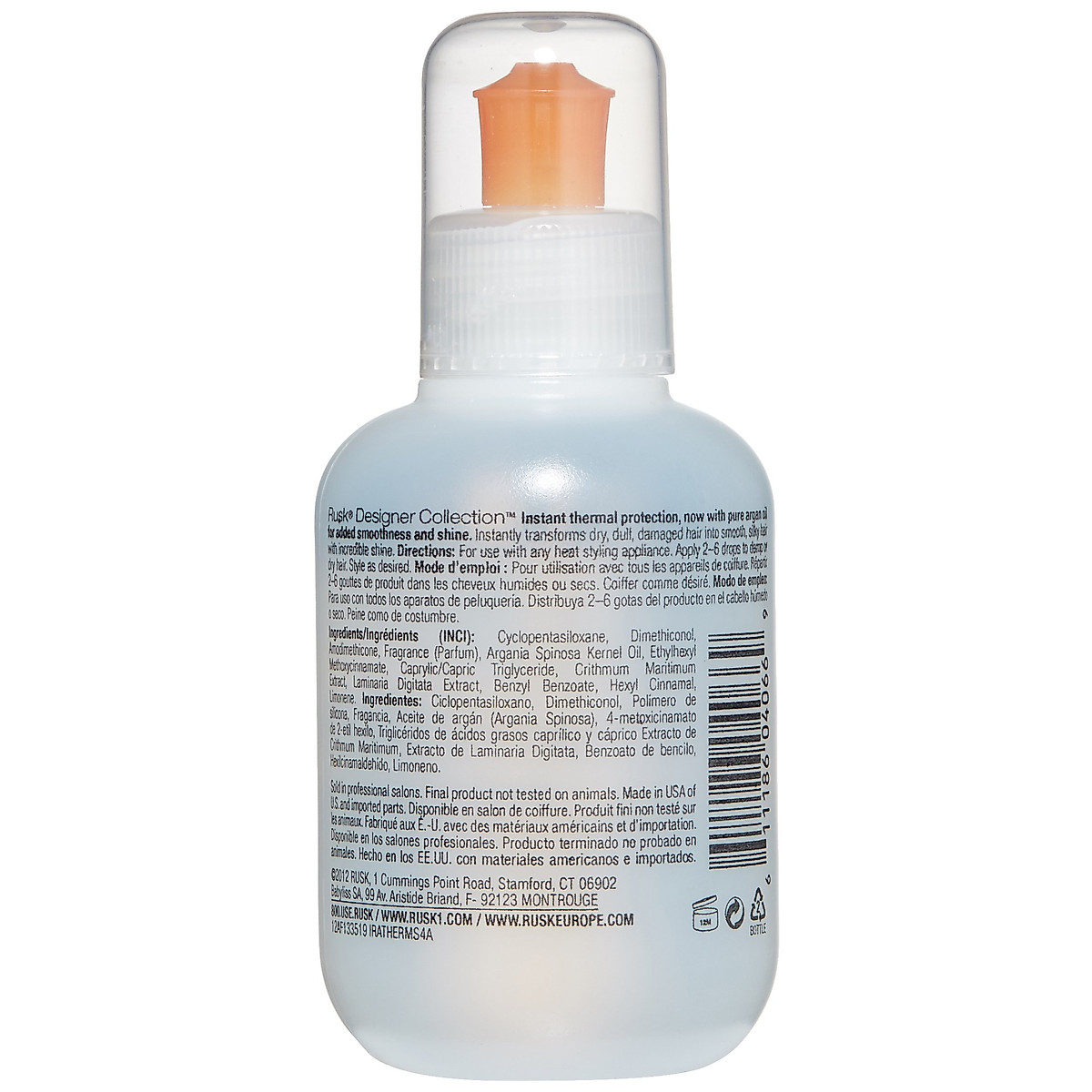 RUSK Designer Collection Thermal Serum with Argan Oil, 4.2 Oz, Alcohol-Free, Heat Protection and Shine, Frizz Eliminator, Great for Conditioning and Incredible Shine