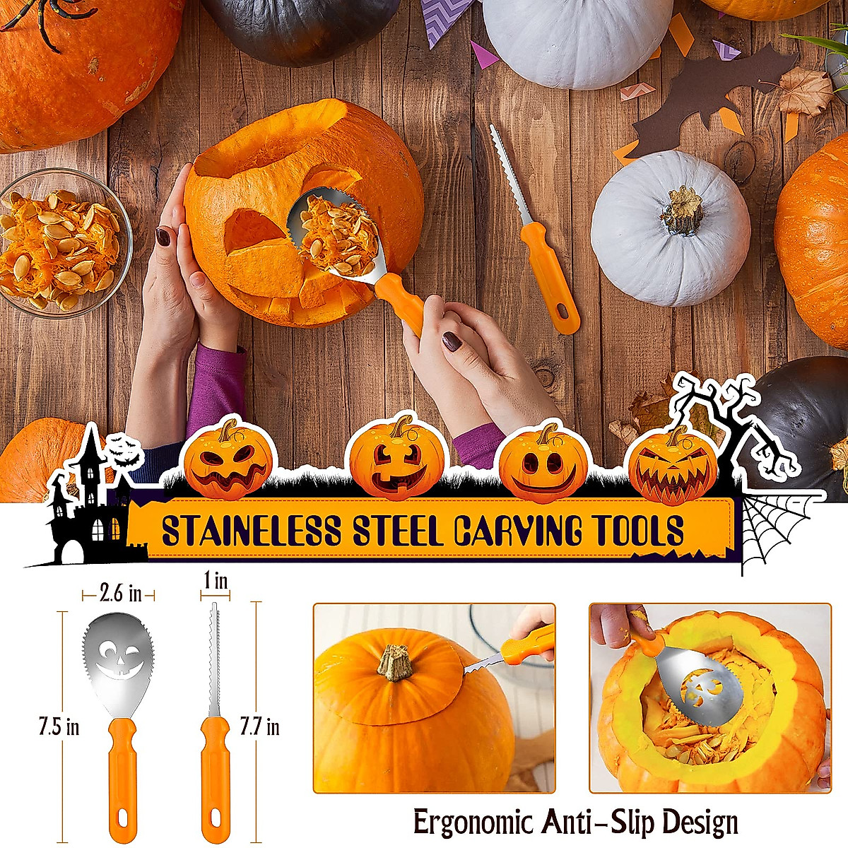Bifrost Halloween Pumpkin Carving Kit - 24 Pcs Stainless Steel Pumpkin Carving Knife Sets with Stencils & Storage Bucket for Halloween