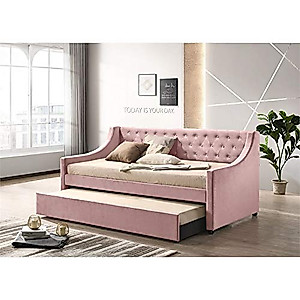 Acme Furniture Twin Fully Upholstered Daybed with Trundle and Button-Tufted Back Panel, Pink Velvet
