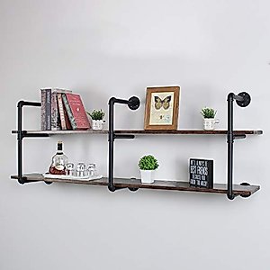 OISSIO Industrial Pipe Wall Shelf,2-Tiers Wall Mount Bookshelf,63in Rustic Wall Mount Shelf,DIY Storage Shelving Floating Shelves,Rustic Pipe Shelving Unit,Wall Book Shelf for Home Organizer