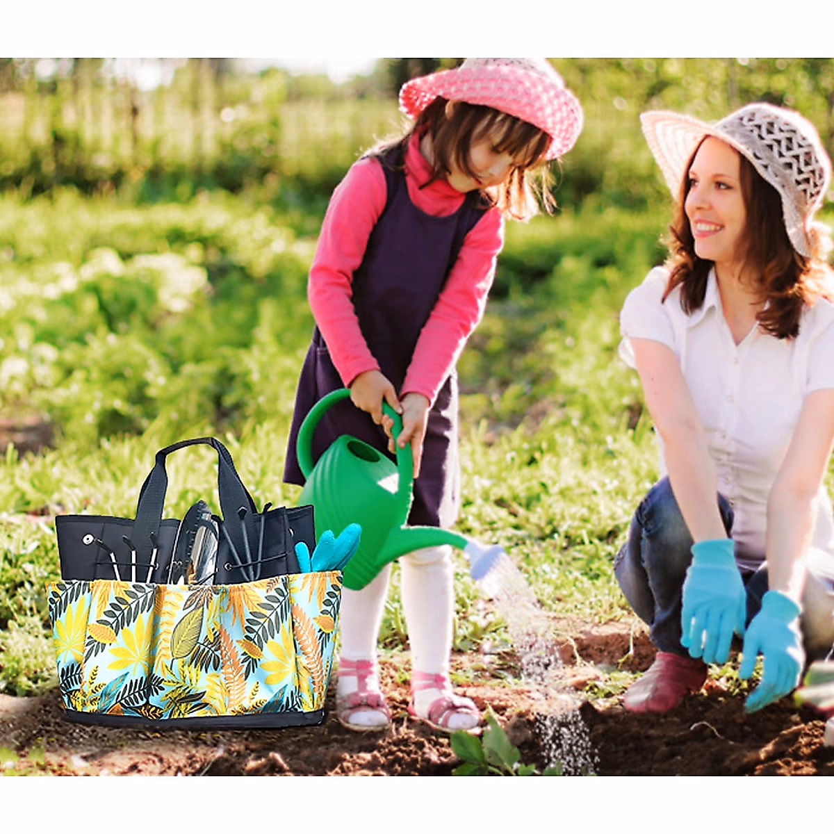 GERYMU Garden Tool Bag, 8 Pockets Garden Tote Bag, Heavy Duty Oxford Garden Tool Storage Bag, Gardening Tool Kit Holder (Floral Yellow)