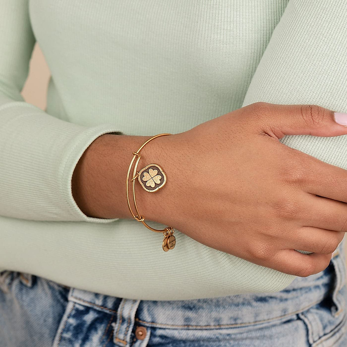 Alex and Ani Path of Symbols Expandable Bangle for Women, Four Leaf Clover Embossed Charm, Rafaelian Gold Finish, 2 to 3.5 in
