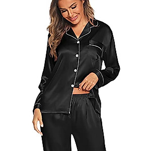 Eilshoji Womens Silk Satin Pajamas Loungewear Two-piece Sleepwear Button-Down Pj Set (Black,XL)