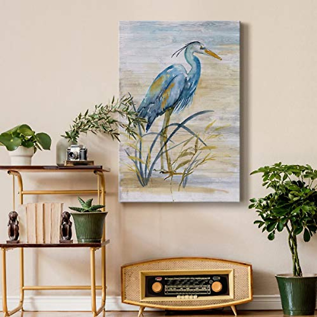 Renditions Gallery Animals Wall Art Abstract Paintings for Decor Rustic Yellow Blue Heron Bird Canvas Artwork Prints for Bedroom Living Room Office Walls - 18"X27" LT15