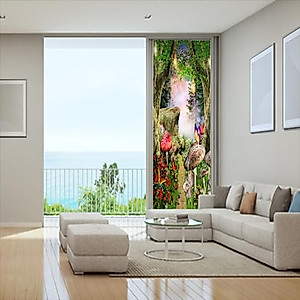 Brebasf Fantasy Forest Mushroom Home Window Film Abstract Oil Painting Style Green Trees Mushrooms Suitable for Living Room,Kitchen,bathroom-17.7W x23.6L in x1Pcs