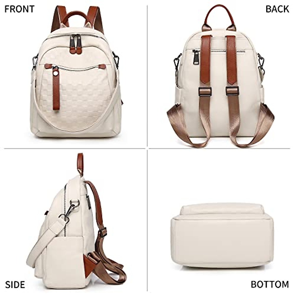 Wesccimo Genuine Leather Backpack Purse For Women Beige Real Soft Leather Large Rucksack Convertible Shoulder Bag Beige