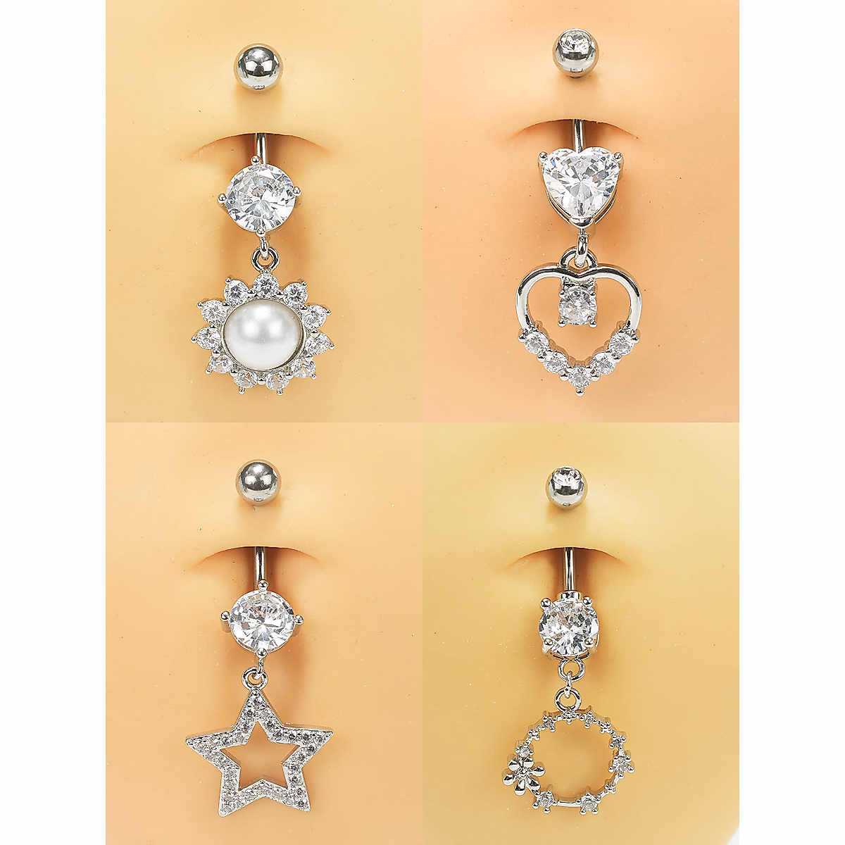 14G Surgical Steel Belly Button Rings Round/Love Heart Clear CZ Navel Curved Barbell Studs Sexy Body Piercing (4PCS - Steel - Style B)