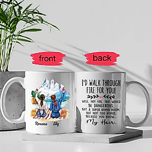 Personalized Best Friend Coffee Mug I'd Walk Through Fire For You, Choose Names, Hairstyle, Scenery, Custom Mugs For BFF, Besties, Good Friends Birthday Gift White Mug 11oz, 15oz