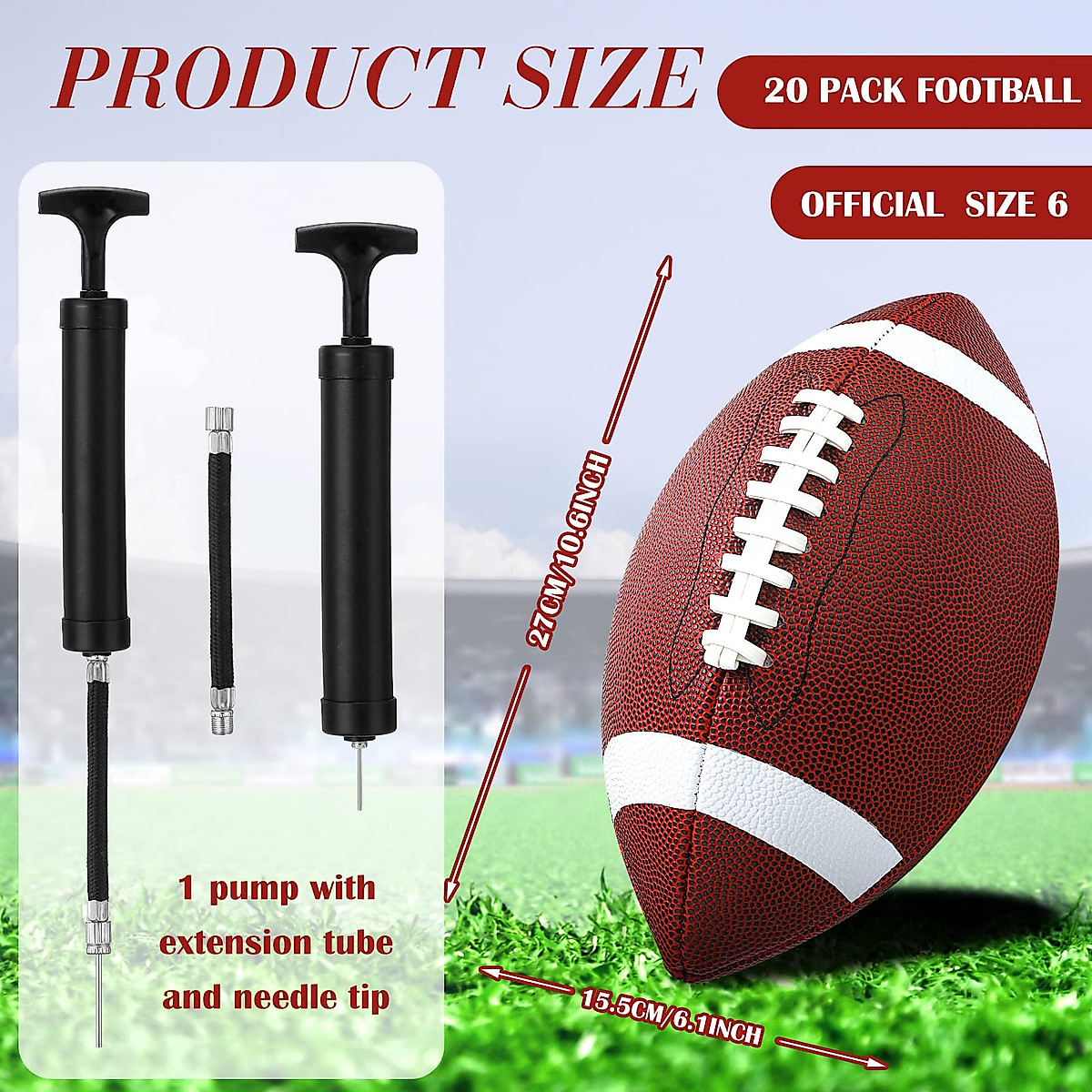 Jerify 20 Pack Composite Leather Footballs Bulk Official Size 6 Footballs Inflatable Football with Pump Indoor Outdoor Footballs Bulk Water Footballs for Kids Adults Training and Recreational Play