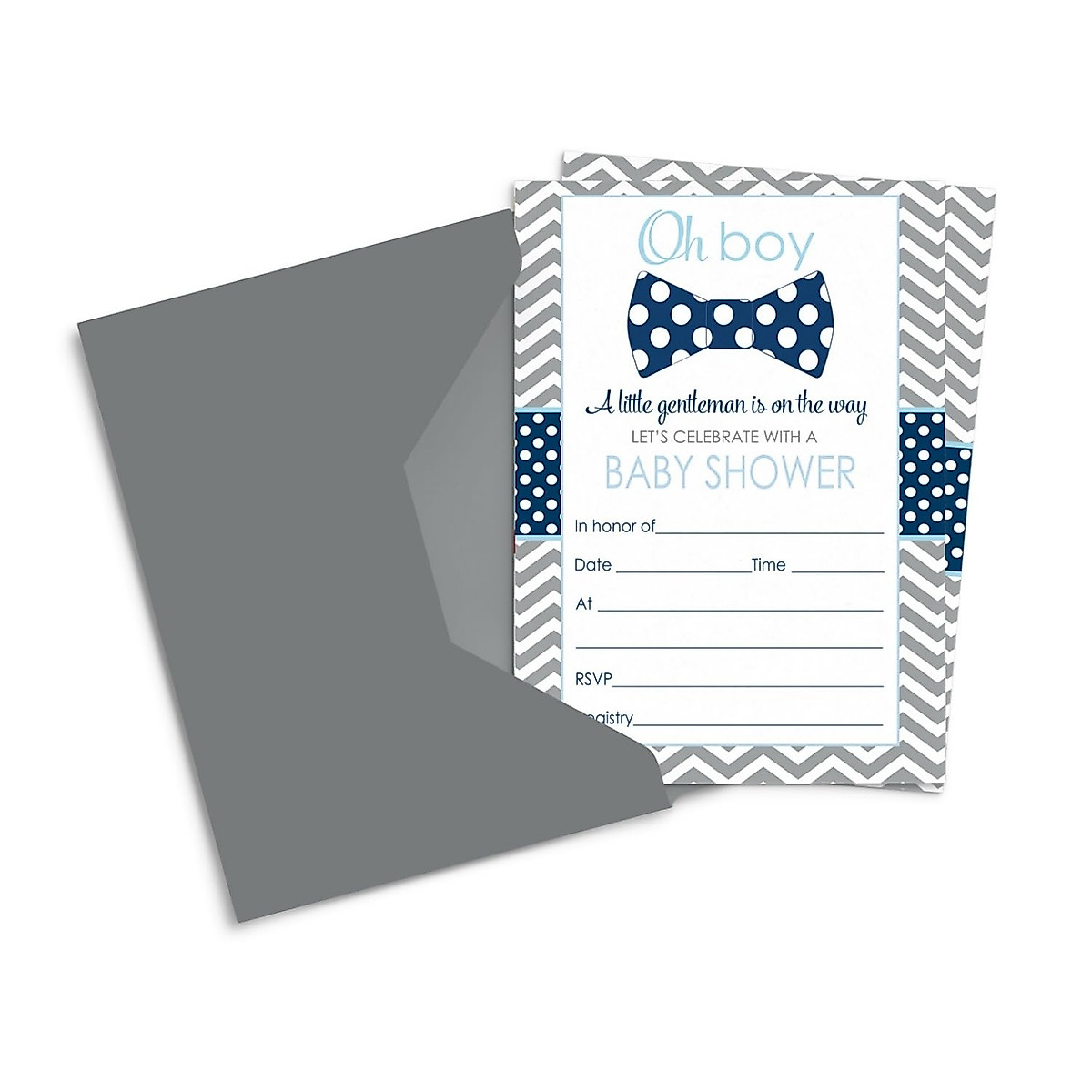 Bow Tie Baby Shower Invitations with Envelopes (15 Pack) Blank Invites for Boys Parties - Little Man Theme Blue and Grey – Blank Invite to Handwrite Custom Details - 4x6 Printed Card Set