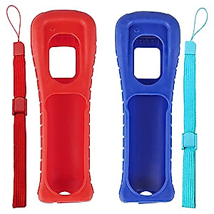 Jadebones 2X Silicone Skin Case Cover with Wrist Strap for Wii Remote Controller (Red+Blue)