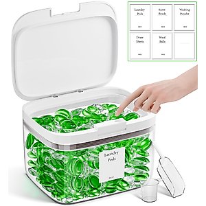 Hordely 94OZ Laundry Pods Container, Clear Dishwasher Pod Container Holder Storage Dispenser, Laundry Room Organization for Dryer Sheet/Powder with Scoop and Labels, Plastic