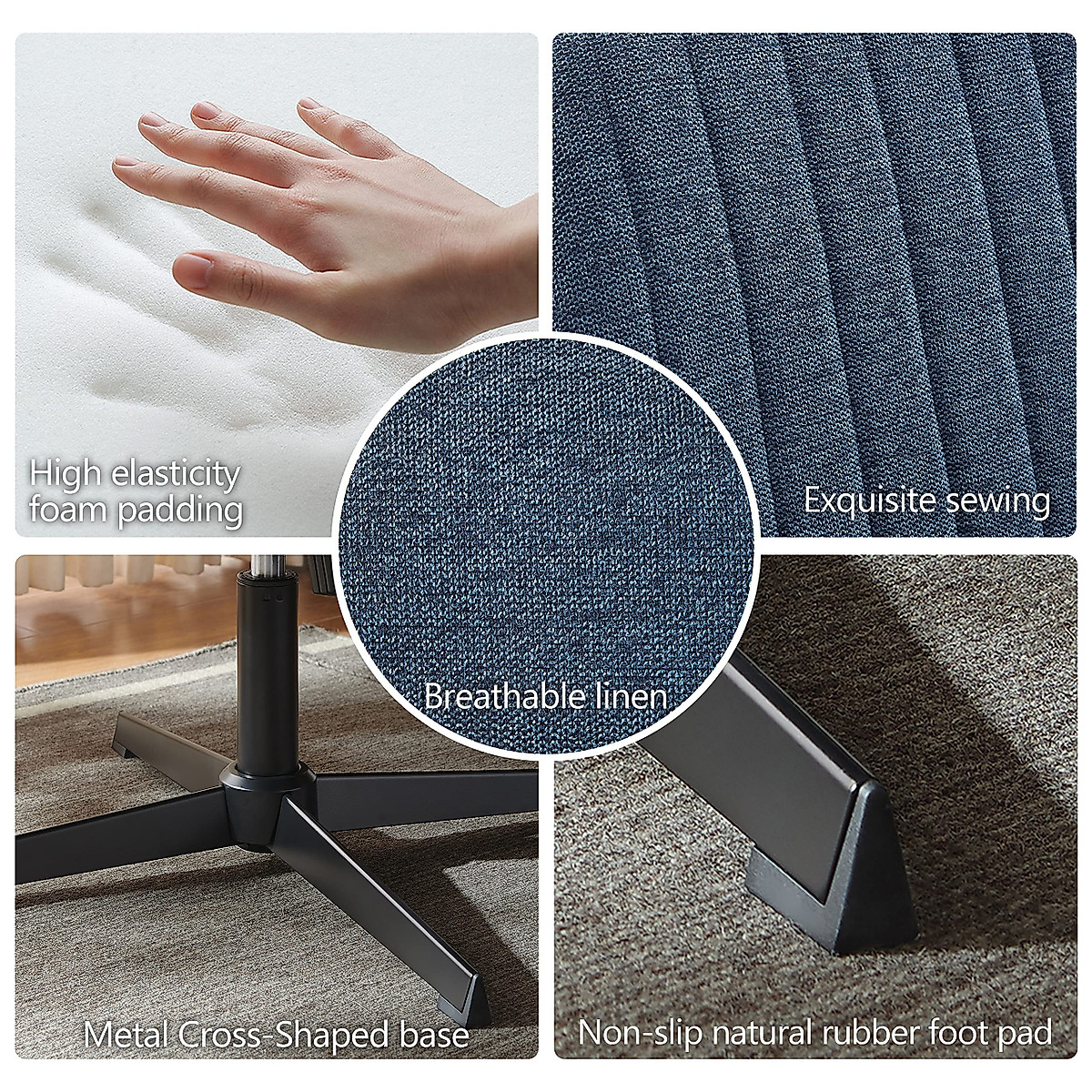 Art Leon Desk Chair No Wheels - with Ottoman and Lumbar Pillow, Armless Office Chair No Wheels, Criss Cross Chair, Modern Swivel Height Adjustable Wide Seat Computer Task Vanity Chair, Indigo Linen