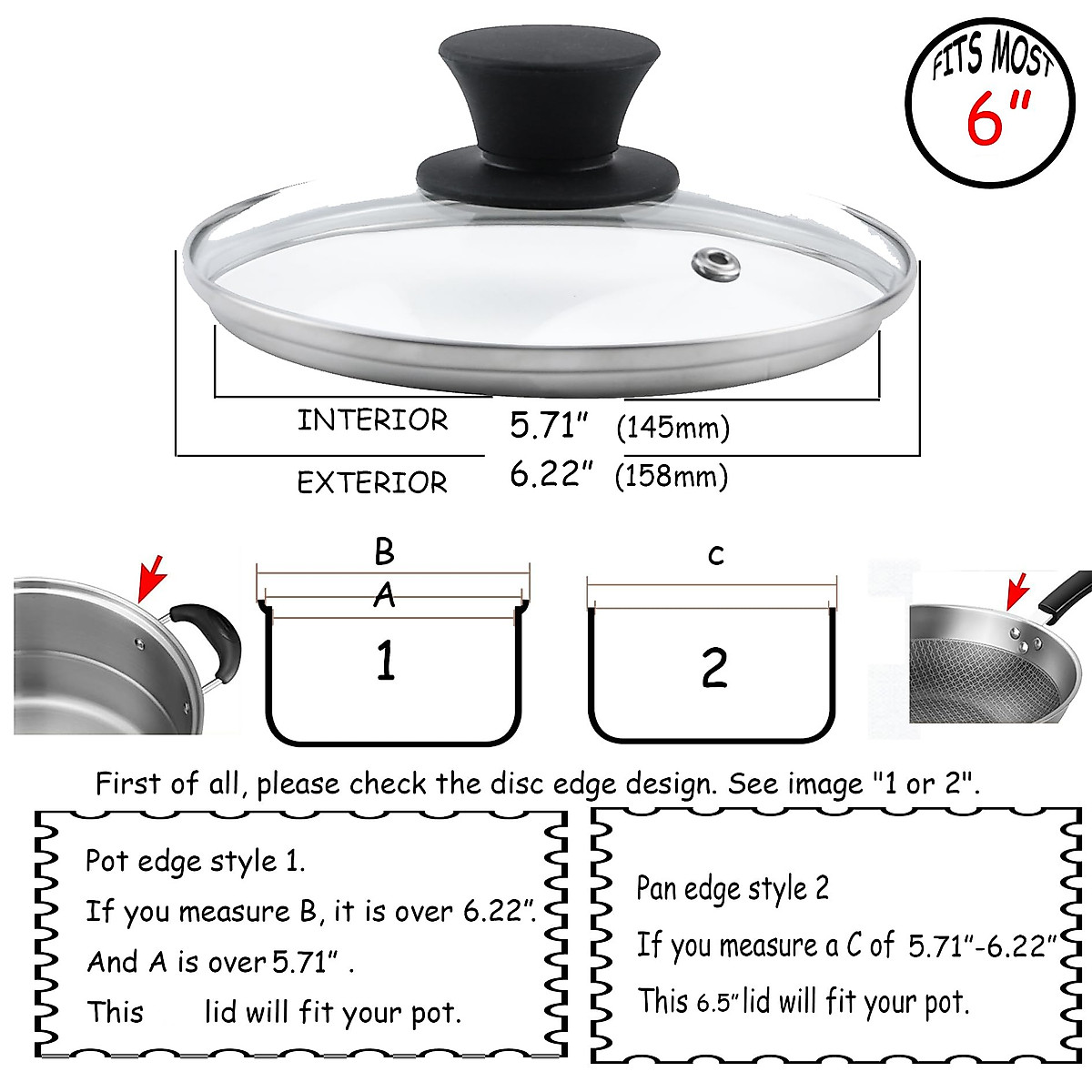 HEVSTIL Universal Lid for Pots, Pans and Skillets,6inch /15cm Clear Glass Pot Lid with Heat Resistant Silicone Handle Glass Replacement Lid for Frying Pan, Frying Pans,Pan Lid, Cast Iron, CrockPot