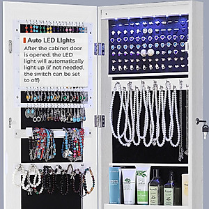 GISSAR Full Length Mirror Jewelry Cabinet, 6 LEDs Jewelry Armoire Wall Mounted Over The Door Hanging, Jewelry Organizer Storage with Lights Lockable, Bright White, 14.6" x 47.2"