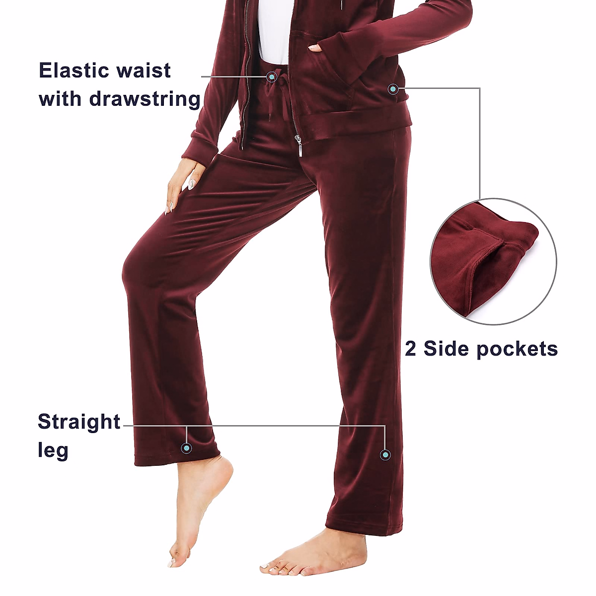 ANOTHER CHOICE Velour Tracksuit Women 2 Piece Zip-Up Velvet Sweatsuits Hooded Soft Jogging Set(Wine,Small)