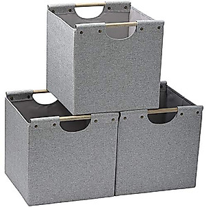 HOONEX Collapsible Storage Bins, 13x13x13in Storage Cubes Linen Fabric, 3 Pack, Storage Baskets with Wooden Carry Handles and Sturdy Heavy Cardboard, for Home, Office, Car, Nursery, Light Grey