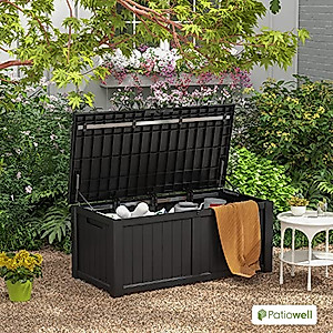 Patiowell 120 Gallon Deck Box, Waterproof Resin Large Outdoor Deck Storage Box for Patio Furniture, Pool Accessories, Toys, Garden Tools and Sports Equipment, Lockable, Black