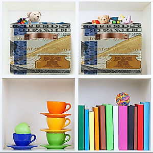 Large Foldable Storage Basket 100 Dollar Bill Printed Storage Bin Canvas Toys Box Fabric Decorative Collapsible Organizer Bag with Handles for Bedroom Home
