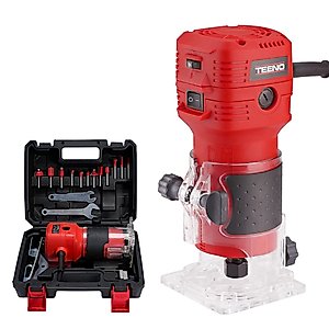 TEENO Wood Router, 650W 110V Compact Router Tools for Woodworking, 32000 RPM Hand Trim Router with 12 Pcs 1/4" Router Bits Set, 6 Variable Speeds, Edge Guide, Roller Guide and Portable Tool Box