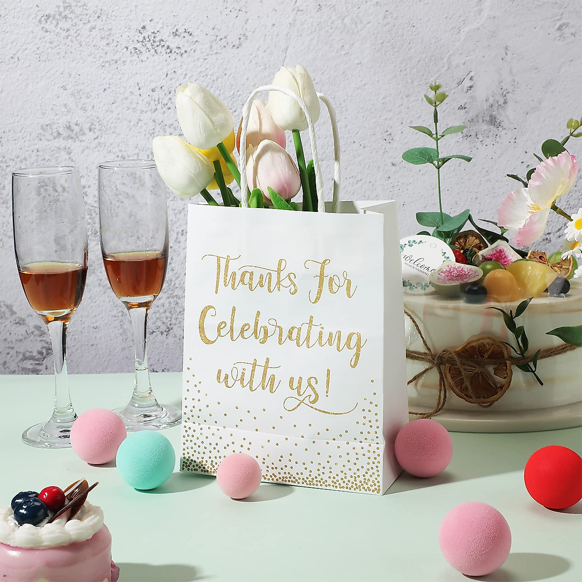 30 Pcs Gold Wedding Welcome Bags for Hotel Guests Thanks for Celebrating with Us Paper Bags Medium Size Foil Wedding Gift Bag with Handle For Bridal Shower Party Favor (White, 7.48 x 5.9 x 2.76 Inch)