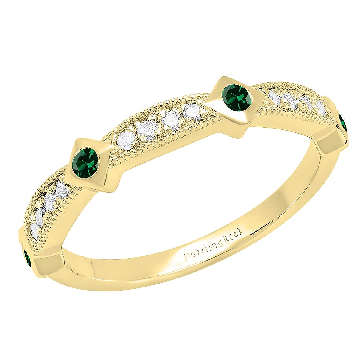 Dazzlingrock Collection 10K Round Emerald & White Diamond Women Vintage Style Anniversary Wedding Band, Yellow Gold, Size 5